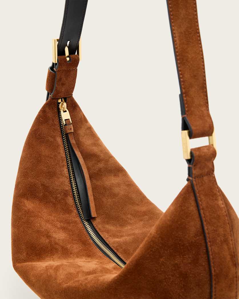 Half Moon Large Suede Crossbody Bag COGNAC BROWN | ALLSAINTS Canada